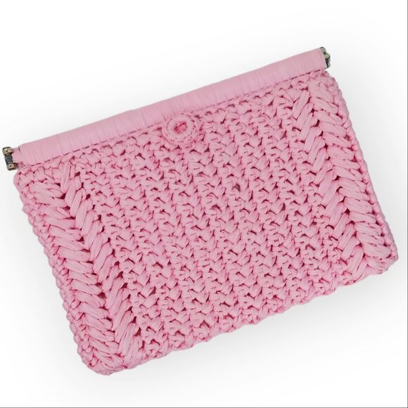 Bags | Vintage 6s 70s Crochet Raffia Straw Clutch Pink Lined Made In ...